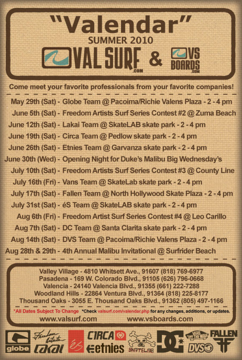 Val Surf's "Valendar" Summer Schedule - TransWorld SKATEboarding Magazine