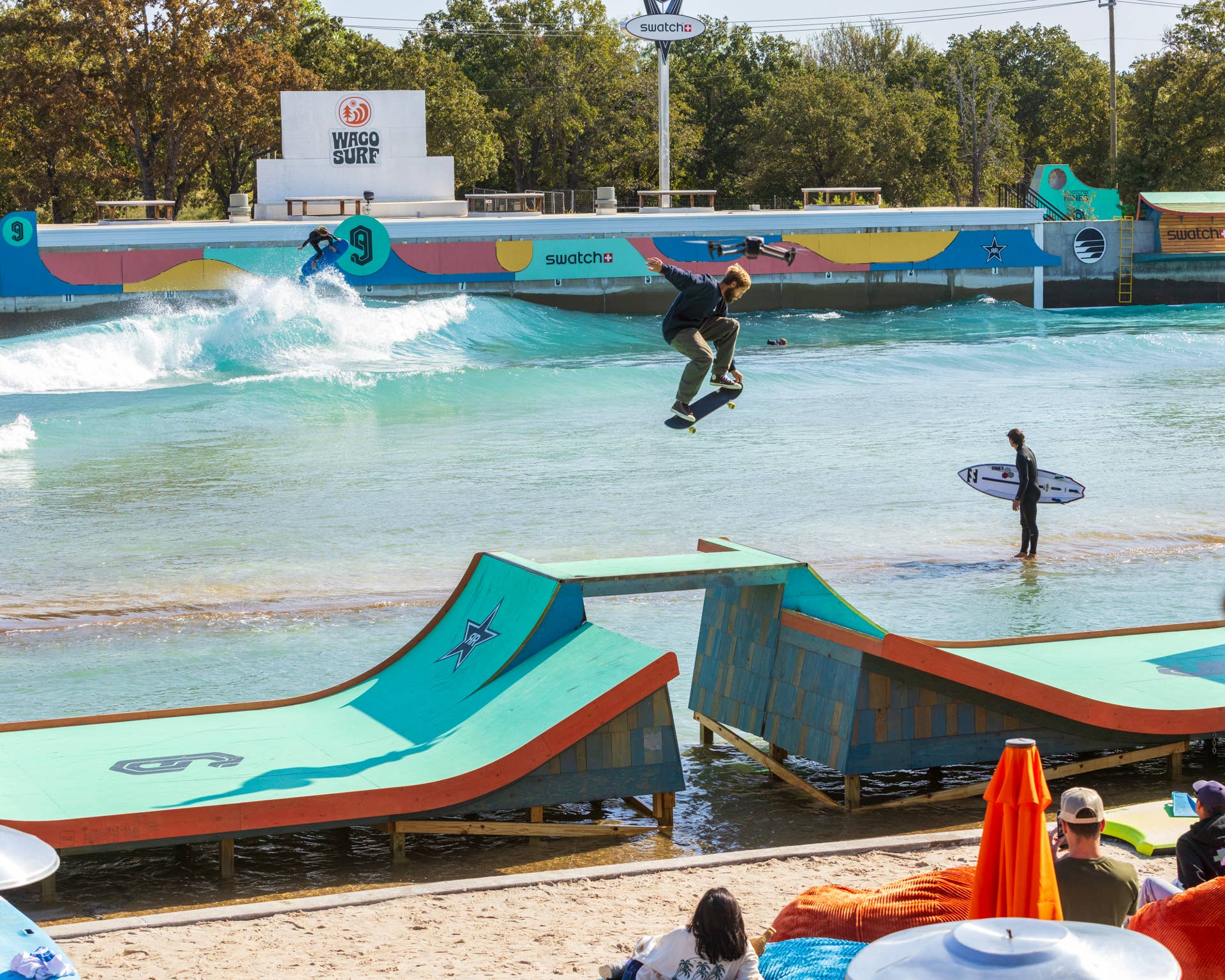 Skateboarding on a Wave Pool at Waco Surf Water Park - Skateboarding